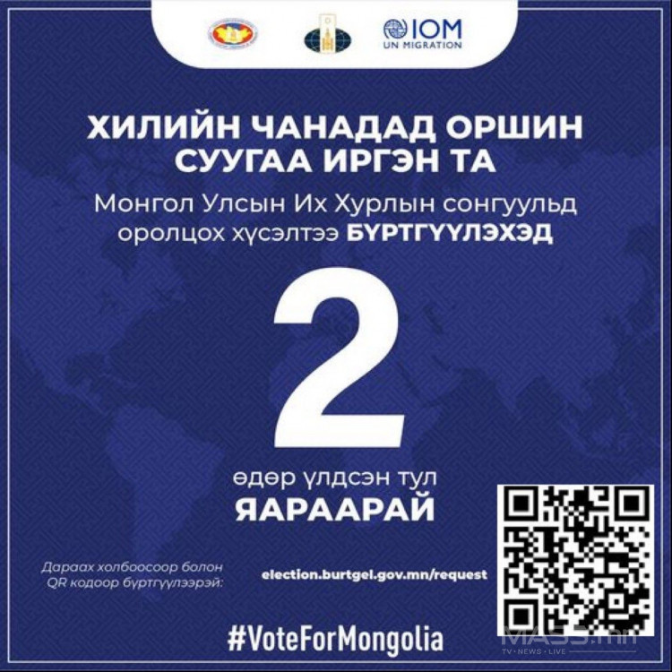 Гадаадад байгаа иргэд сонгуульд оролцох хүсэлтээ өгөхөд ХОЁР ХОНОГ ҮЛДЛЭЭ